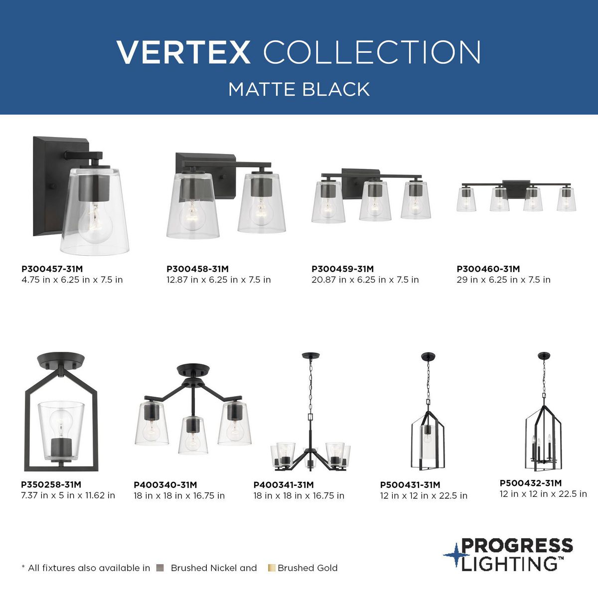 Vertex Collection Three-Light Matte Black Clear Glass Contemporary ...