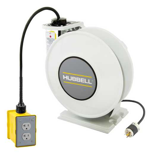 White Industrial Reel with Yellow Portable Outlet Box, Kellems Strain ...
